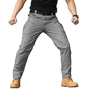 NAVEKULL Men's Work Cargo Pants for Men Rip Stop Tactical Pants Outdoor Hiking Camping Travel Pants Lightweight Water Resistant Waterproof Military Army Combat Trousers with Zipper Pockets Light Gray