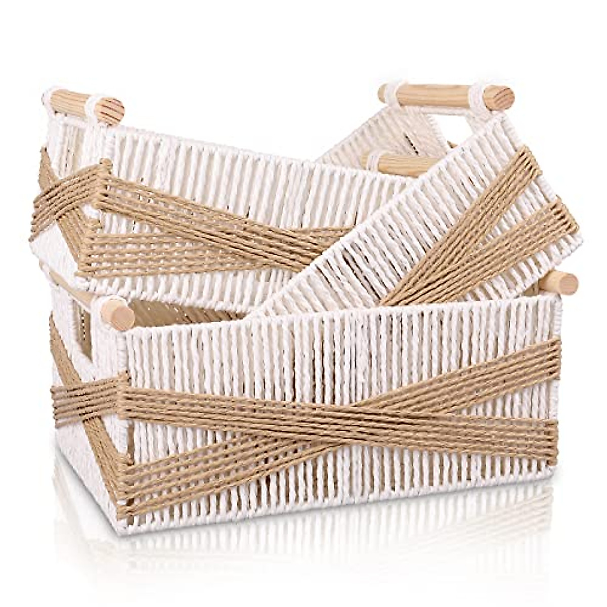 LaMorée Storage Baskets 3 PCS Paper Rope Woven Storage Bin Set with Natural Wooden Handles Decorative Boho Wicker Boxes for Tabletop Shelves Home Office Nursery Organizer Container – Brown and White