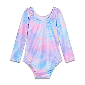 TENVDA Girls Gymnastics Leotards Toddler Kids Tumbling Outfit Size 2t 3t Sparkle Purple Tie Dye Long Sleeve Bodysuits