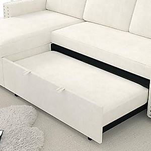 FANYE 85" W L-Shaped Reversible Sleeper Sectional Sofa Chenille Button Tufted Upholstered Corner Convertible Sofabed W/Pull Out Couch Bed and Storage Chaise, Nailhead Decor for Living Room