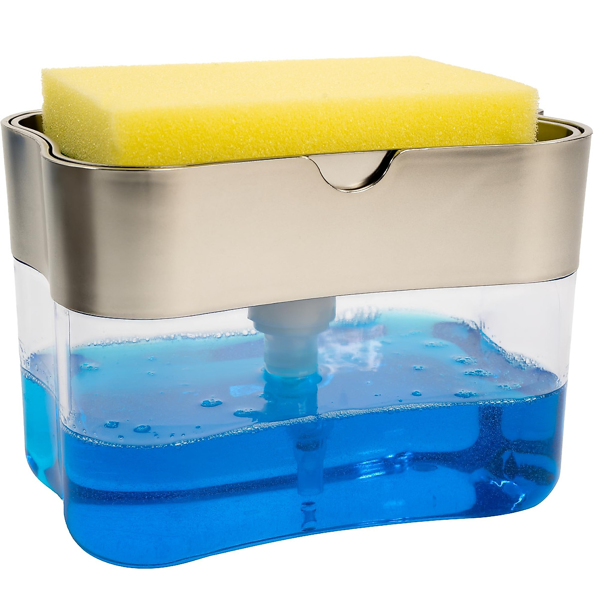S&T INC. Dish Soap Dispenser and Sponge Holder for Kitchen Sink, Sponge Included, 13 Ounces, Metallic Silver