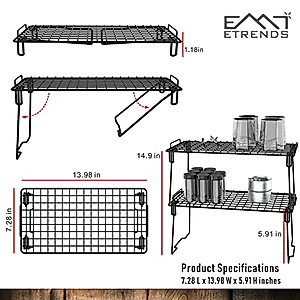 EMT ETRENDS Stackable Storage Shelf, 2-Tier Metal Shelves, Small Mesh Folding Shelf Stand for Cabinet, Kitchen Storage, Spice Racks, Makeup, Bathroom Organizer Rack (2 Tier Foldable, Black)