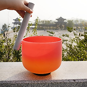 KVKA Rainbow C Note Root Chakra Red-Yellow Colored Frosted Quartz Crystal Singing Bowl 10 inch with Carrying Case