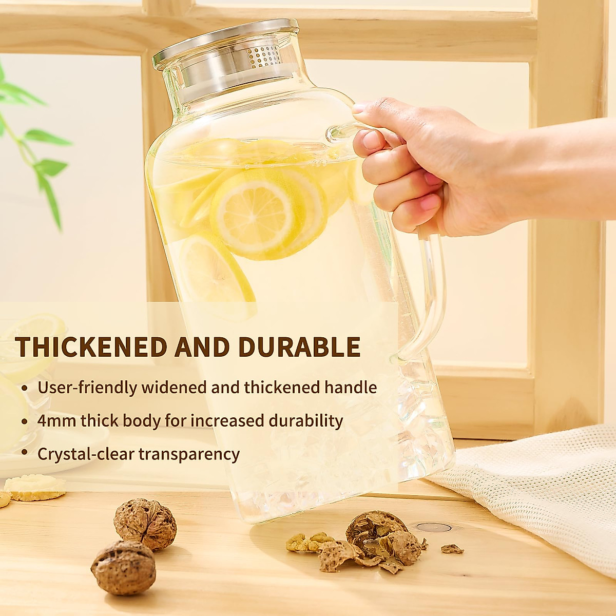 Hannadepot Glass Pitcher, 3.5L/118 oz Glass Water Pitcher with Lid and Spout, Heat/Cold Resistant Borosilicate Glass Water Carafe for Coffee, Juice and Homemade Beverage, with Long Cleaning Brush