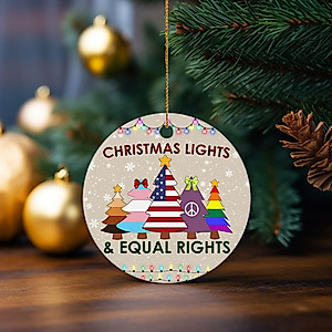 2023 Christmas Lights and Equal Rights Ceramic Ornament Christmas Tree, Minimalist Feminist Gift LGTBQ Patriotic USA Gay Pride, Womens Rights Holiday Decor, Pro Choice, Social Justice, Peace