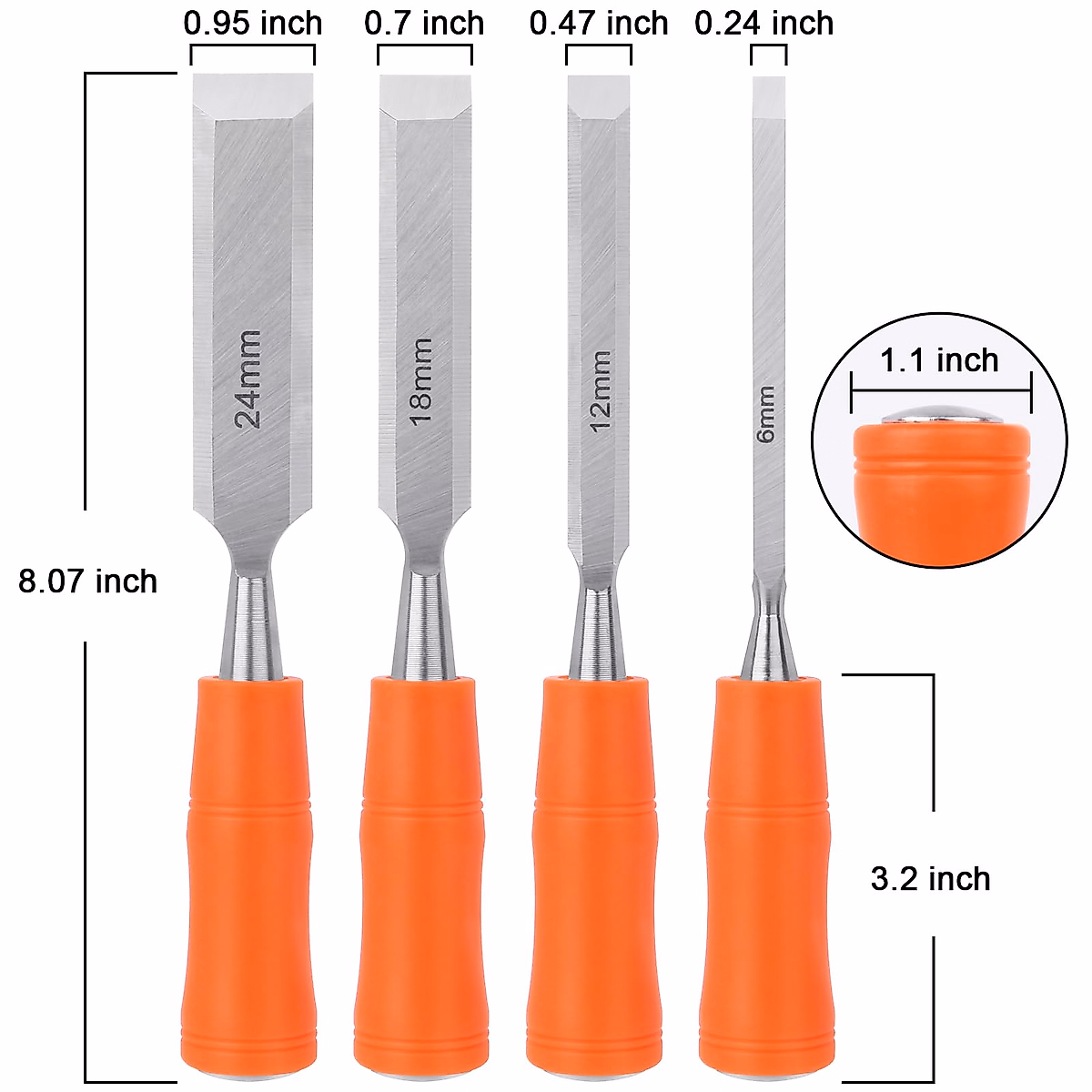 4 Piece Wood Chisel Sets Woodworking Tools Set, Wood Chisels for Woodworking with Steel Hammer End, Wood Tools Chisel Set Woodworking with Ergonomic Plastic Handle, 6mm, 12mm, 18mm, 24mm