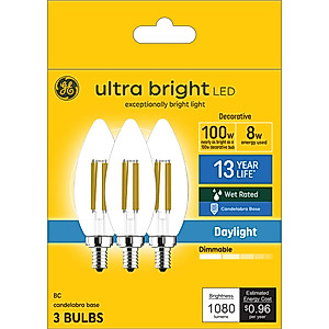 GE Ultra Bright LED Light Bulbs, 100W, Daylight Candle Lights, Clear Decorative B12 Light Bulbs (3 Pack)
