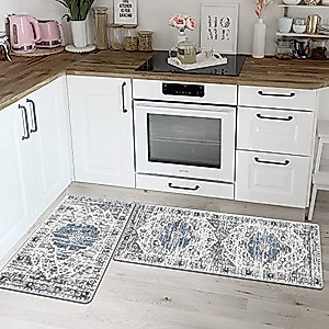 HEBE Boho Anti Fatigue Kitchen Rug Sets 2 Piece Non Slip Cushioned Kitchen Rugs and Mats Kitchen Mats for Floor Waterproof Distressed Kitchen Rug Carpet Runner for Sink Laundry Office