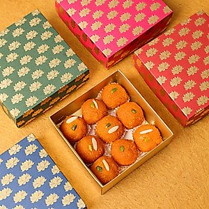 Lotus Printed Colorful Sweet Boxes for Indian Sweets, Cookies, Goodies, Mithai, Candy, Gift Boxes with Lids Bulk, Handmade Bulk Mithai Box, Favor Boxes for Wedding, 2.95x5.51 Inch (Pack of 4)