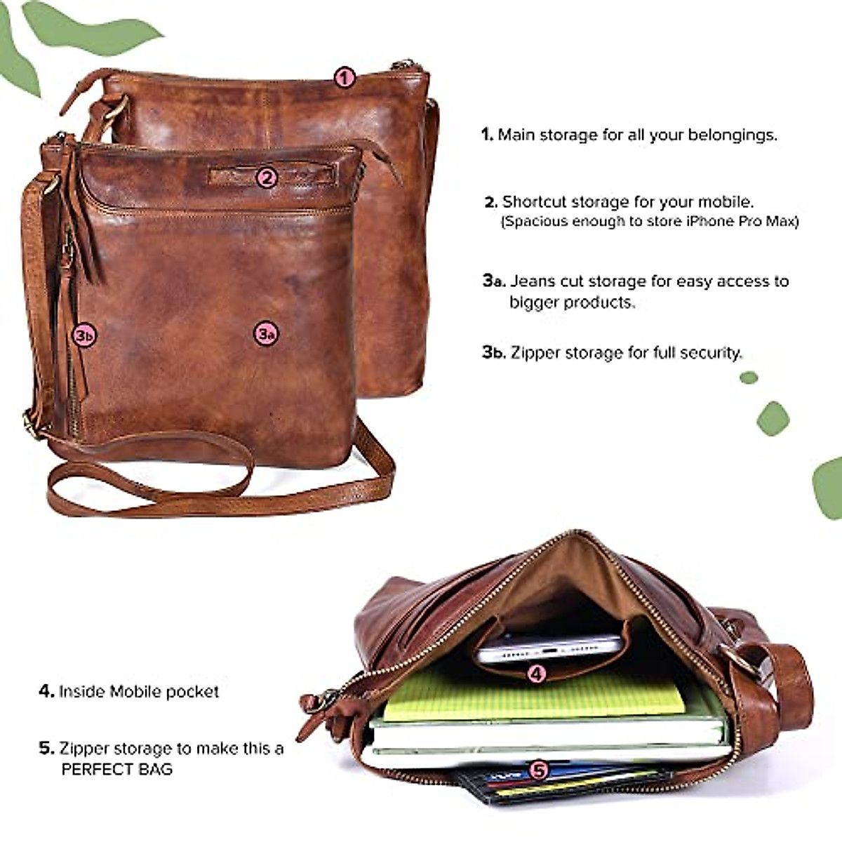 Real Leather Crossbody Bags For Women – Sling Bag Cross over Purse With Adjustable Shoulder Strap Medium Size Front Zipper