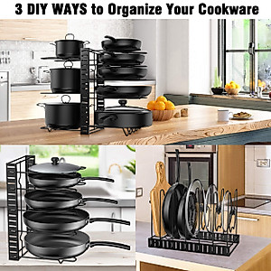 KAPTRON Pot Rack Organizer, 3 DIY Methods, Height and Position are Adjustable - 8 Pots Holder, Metal Kitchen Cabinet Pantry Pot Pan Lid Holder (BLACK)