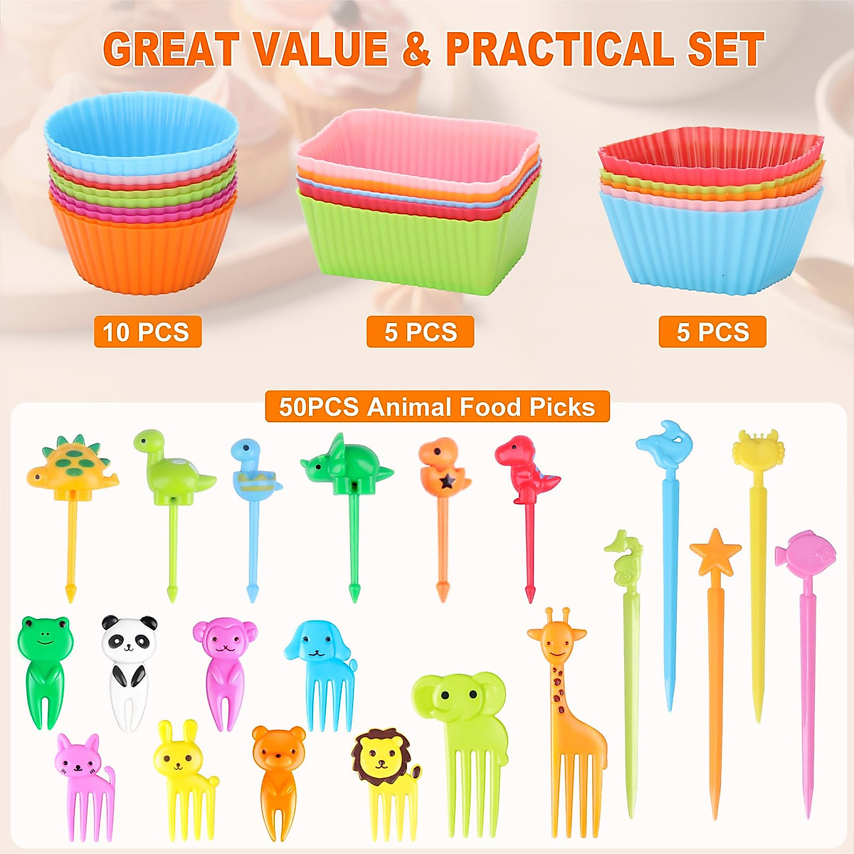 SEANSDA 70 Pcs Silicone Lunch Box Dividers Set, Thicked Silicone Cupcake Liners for Baking, Reusable Lunch Bento Box Accessories with Animal Food Picks for Kids (20 Cupcake Cup + 50 Picks)