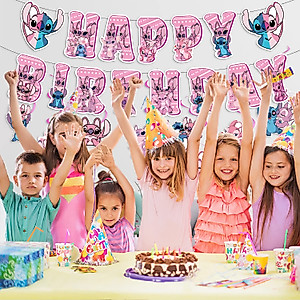 Stitch Birthday Decorations Stitch Pink Happy Birthday Banner Hanging Swirls for Birthday Party Supplies