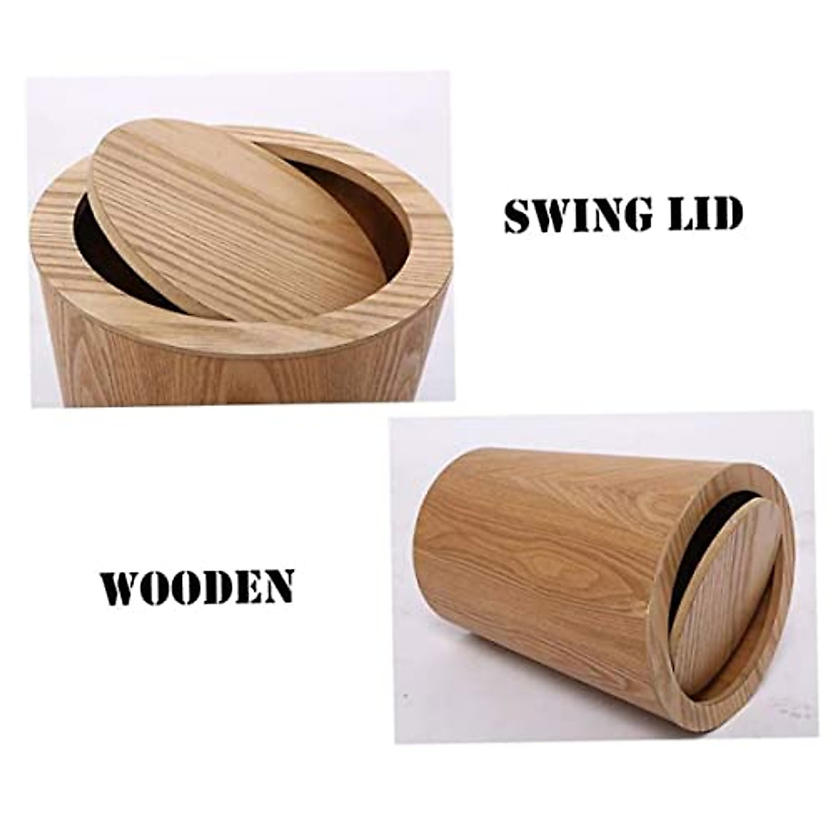 Eioflia Bathroom Bins, Wood Waste Bin with Swing Lid Round Trash Can Kitchen Garbage Basket for Bedroom