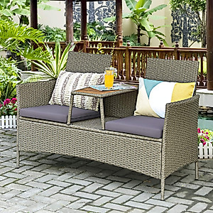 Tangkula Outdoor Rattan Loveseat, Patio 2-Person Wicker Conversation Set w/Cushion, Modern Wicker Sofa Set with Built-in Acacia Wood Tabletop & Storage Space for Backyard Poolside Lawn (Grey)
