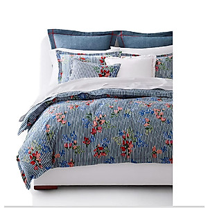 Lauren Ralph Lauren Maggie Floral Stripe Full Queen 3 pc Duvet Cover Set Shams Blue Pink White (Queen (U.S. Standard))