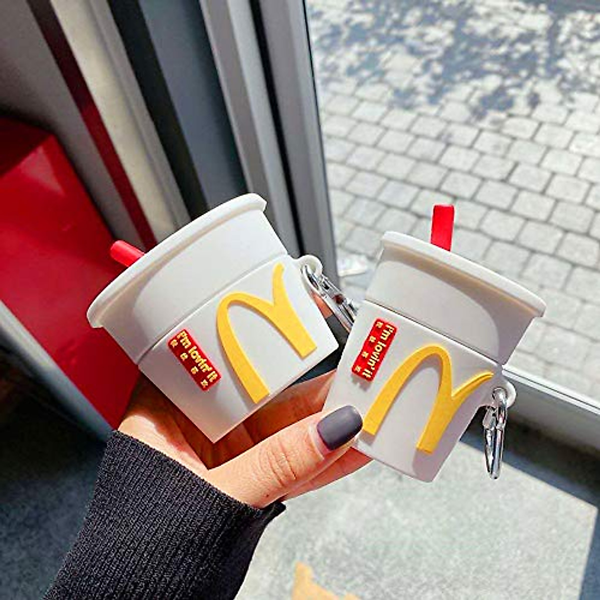 Compatible with Airpods 1 & 2, Funny 3D Cartoon Silicone Design, Soft Leather Carabiner Protective Cover, Suitable for Fashionable Girls Children Teen Boys Airpods case (I'm Lovin' it Cup)