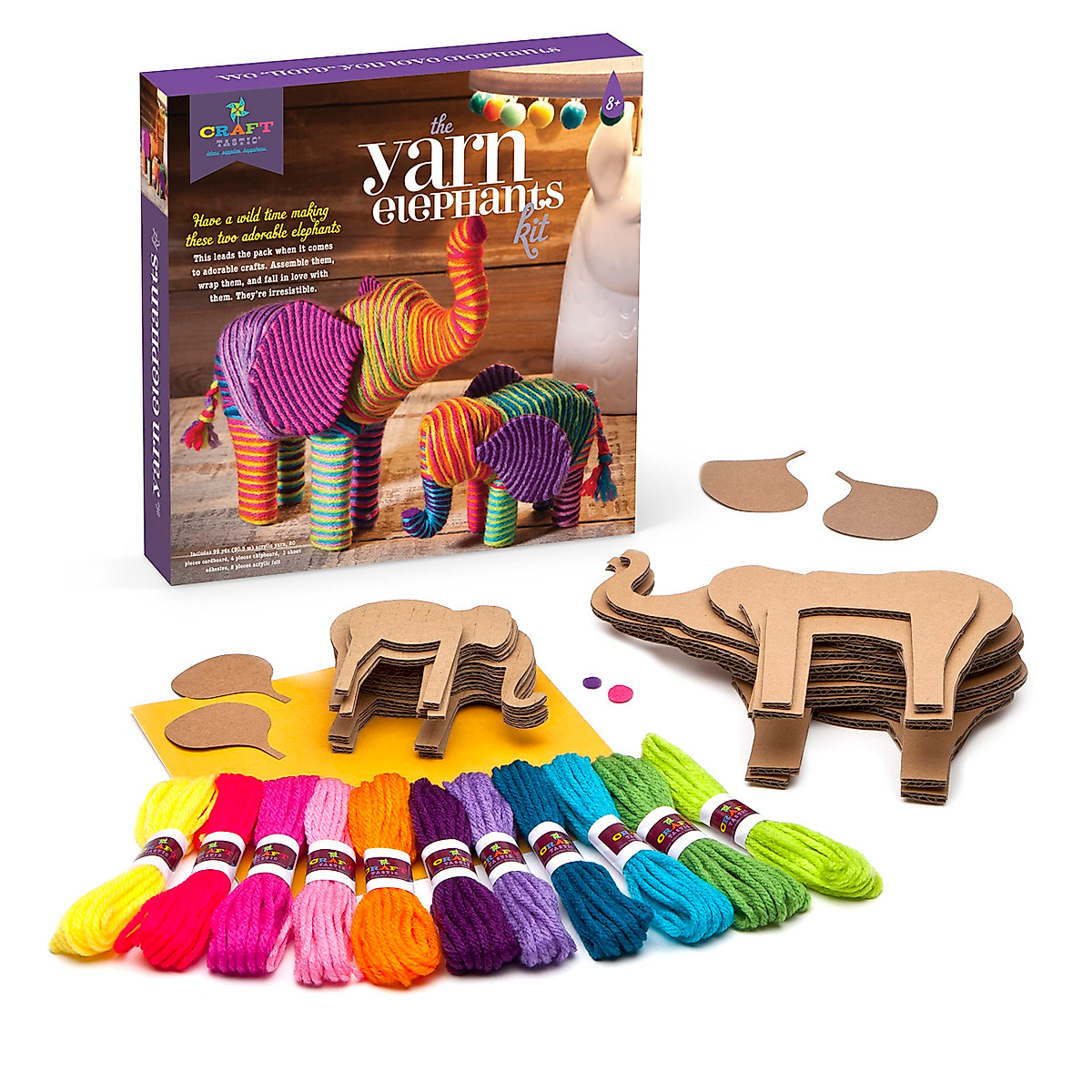 Craft-tastic — Yarn Elephants Kit — Craft Kit Makes 2 Yarn-Wrapped Elephants — for Ages 8+