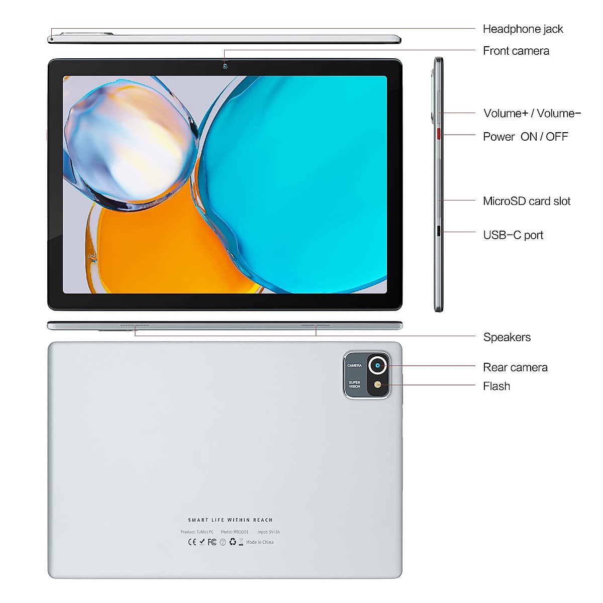 Mouikei 10 inch Tablet Android 12 Tablets, Quad-Core Tablet PC, 32GB ROM 128GB Expand, 1280x800 HD Touch Screen, 5000mAh, Dual Speaker, Bluetooth, WiFi, Dual Camera, GPS, Silver