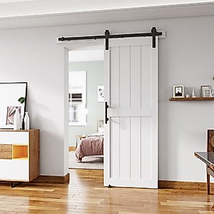 ALAMEDADT 30''x84'' Sliding Barn Door with 5 Ft Barn Door Hardware Kit& Handle& Floor Guides,Pre-Drilled Holes Easy Assembly - Include Installation Manual, Water-Proof PVC Surface, H-Frame, White