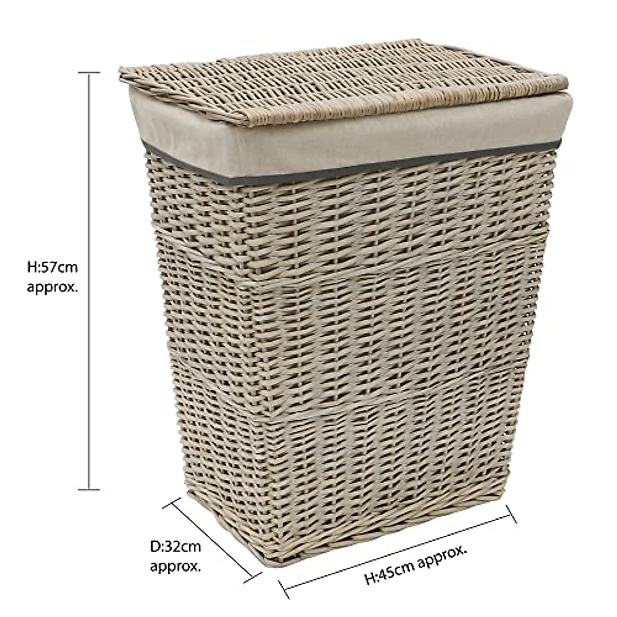 JVL Arianna Rectangular Tapered Willow Linen Laundry Basket, Grey Wash