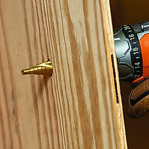 Klein Tools 25964 Step Drill Bit, 1/8 to 1/2-Inch, Spiral Double-Fluted, Cuts Thin Metal, Plastic, Aluminum, Wood, 1/4-Inch Hex Shank, VACO