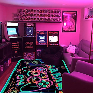 KMkicme Gaming Area Rug Blacklight for Bedroom Game Printed Carpet UV Reactive Glow in The Black Light Area Rug Playroom Large Non-Slip Area Rug Kids Boys Girls Game Room Casual Mat 60x39 Inch
