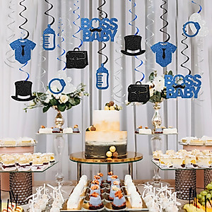 Maicaiffe Boss Boy Hanging Swirl Decorations - Glitter 18 Pcs Baby Shower Party Supplies - Boy Birthday - Welcome Baby Boy Streamers - Gender Reveal Party Foil Swirls Ceiling Decorations