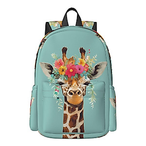 FeHuew 16 inch backpack Giraffe with Floral Headpiece Laptop Backpack Full Print School Bookbag Shoulder Bag for Travel Daypack