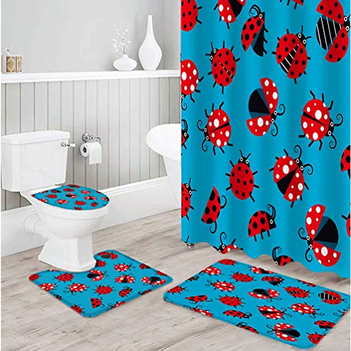 4 Piece Shower Curtain Sets Cute Ladybug Red Black Carapace Insect Dense Animal Blue Non-Slip Rug, Toilet Lid Cover, Bath Mat Waterproof Shower Curtain Bathroom Sets with 12 Hooks Bath Decor