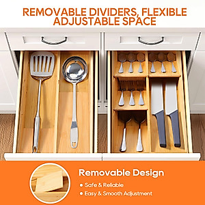 Mooues Bamboo Silverware Drawer Organizer, Removable Dividers Kitchen Utensil Drawer Organizer for Different Dimension Flatware, Spoons, Forks, Knives (Natural, 5 Slots)