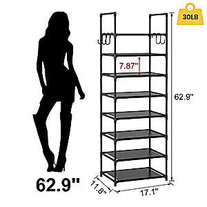 LANTEFUL 8 Tiers Tall Shoe Rack, Narrow Vertical Shoe Rack for Entryway Closet, 16-20 Pairs Shoe and Boots Organizer Storage Sturdy Shoe Shelf, Metal Stackable Shoe Stand with Hooks