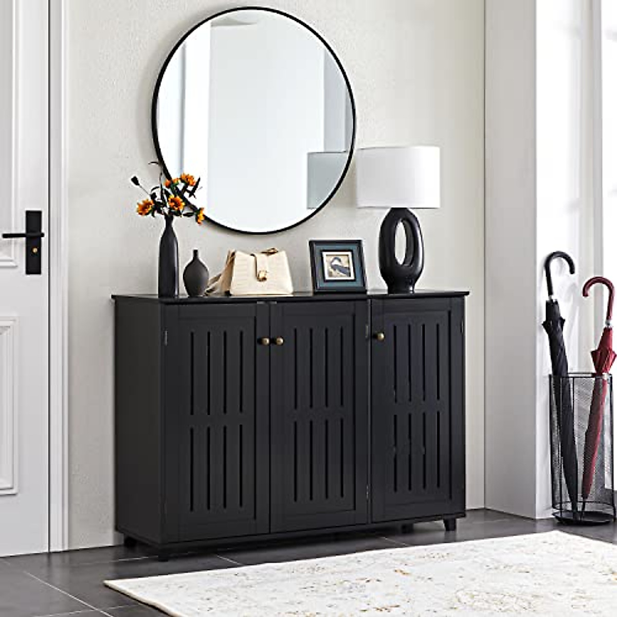 Yaheetech Shoe Storage Cabinet Floor Storage Organizer Wooden Cabinet with 3 Doors Adjustable Shelf for Entryway Living Room Home Office Black