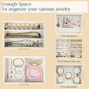 efubaby Jewelry Box for Women Girls, Jewelry Organizer Box with Large Mirror 6-Layer Jewelry Box Organizer Glass Window Storage Case with 3 Side Drawers Jewelry Holder Organizer White Jewelry Box