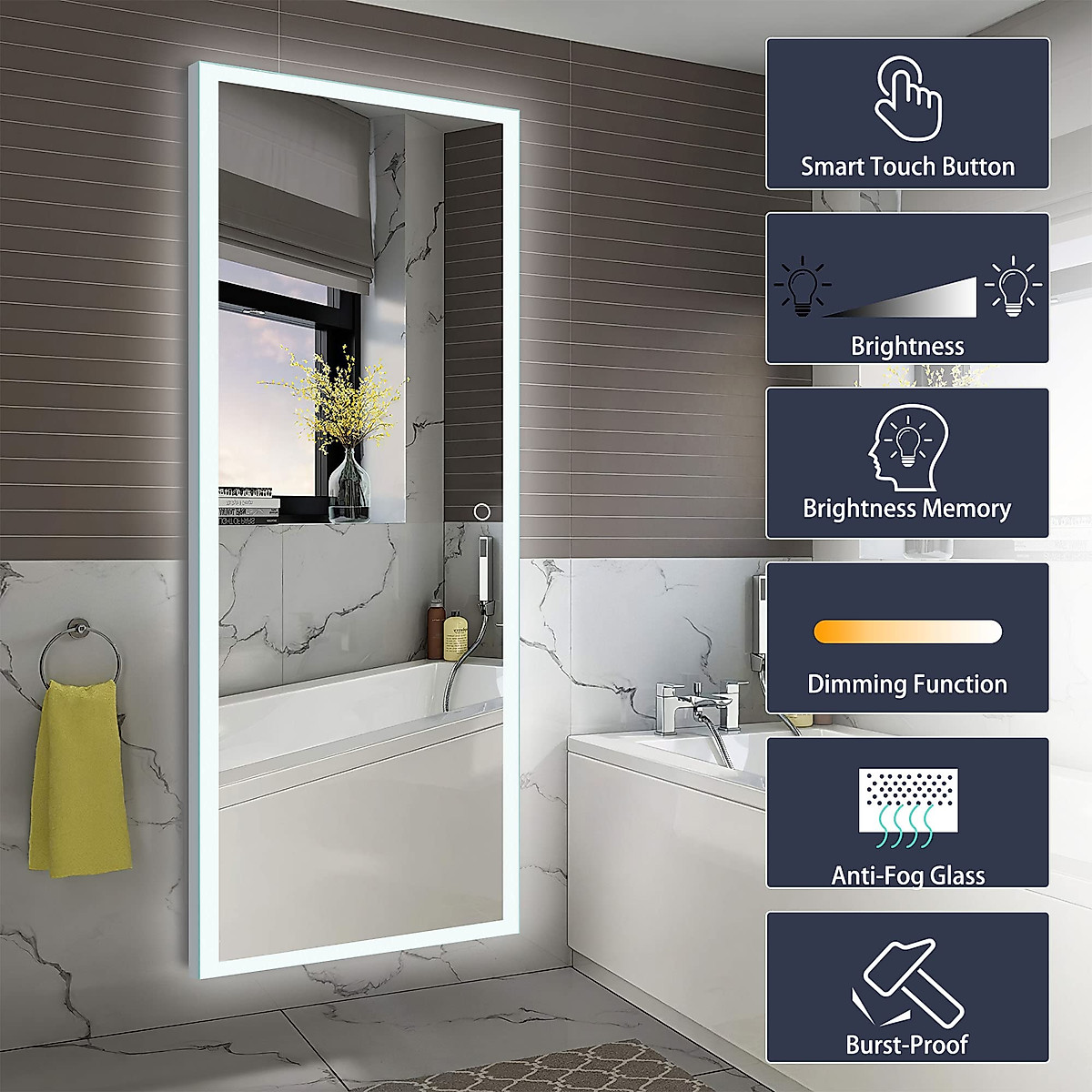 NeuType 65"x22" LED Mirror Full Length Large Rectangle Bedroom Bathroom Living Room Dressing Mirrors with Touch Button and Plug, Dimmable Lighting, Stepless Dimming, Burst-proof Glass, Anti-fog