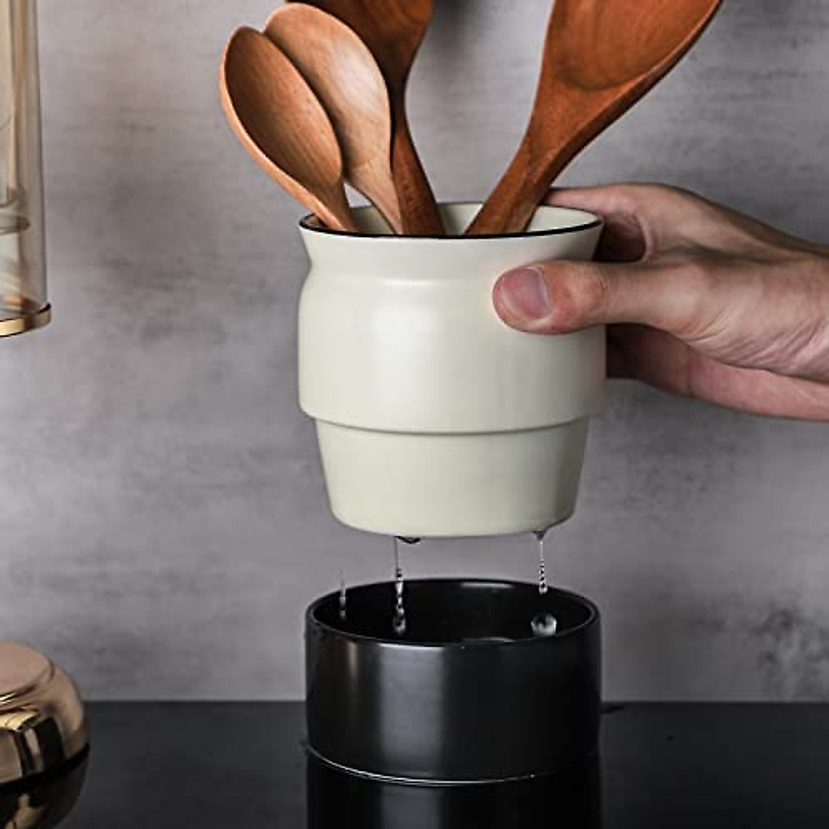 Ceramic Utensil Holder Double Layer kitchen Utensil Holder for Countertop with Drainage Holes Utensil Crock for Farmhouse Kitchen Decor. (0.68)
