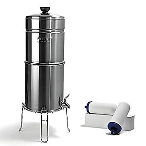 ProOne Traveler+ Stainless-Steel Gravity Water-Filter System, 2.25-Gallon Water Capacity, Countertop Water Dispenser for Home and Travel with Two 7-Inch Filter and Wire Stand