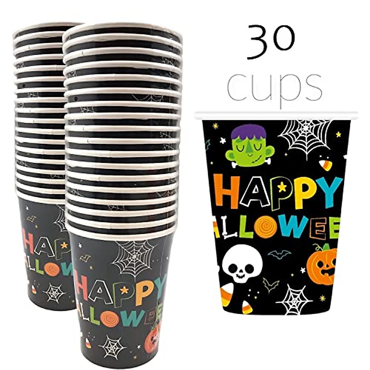 Serves 30 Complete Party Pack Cute Halloween Monsters and Ghosts 9" Dinner Paper Plates 7" Dessert Paper Plates 9 oz Cups 3 Ply Napkins 2 Table Cover Halloween Banner Halloween Party Decorations Halloween Party Supplies