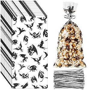 Jecery 100 Pcs Dragon Party 5.1 x 10.6 Inch Cello Bags with Twist Ties Dragons Cellophane Candy Bags Goodie Storage Bags for Kids Dragon Party Favor Knight Medieval Birthday Party Supplies Decor