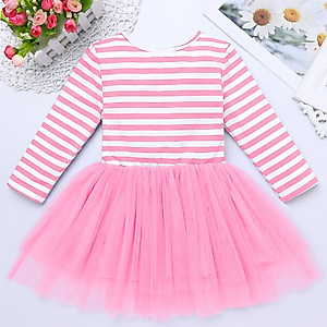Baby Girls Shinny Striped 1st/2nd/3rd Birthday Long Sleeve Printed Princess Cake Smash Tutu Tulle Dress Toddler Kids Outfit Pink Crown (Two Year) One Size