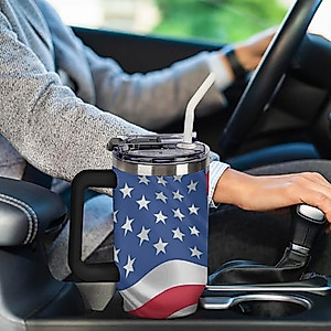 Stainless Steel Cups Red Blue White American Flag, Handle Tumbler Cup with Rubber Ring and Straw, Funny Water Bottle for Women and Men Outdoor Travel