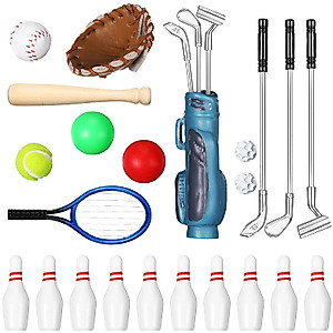 Skylety 23 Pieces Dollhouse Miniature Sports Set Mini Golf Baseball Tennis Bowling Tiny Golf Ball Clubs Ball Bats Racket Mini House Decoration Accessories for Dollhouse Collection Cake Topper Decor