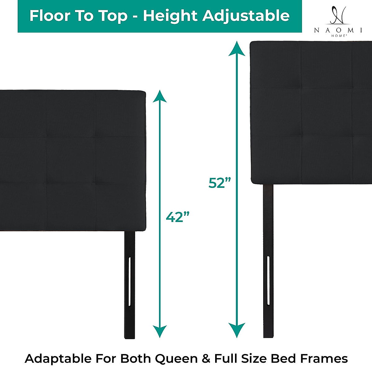 Jessenia Queen Headboard Only, Height Adjustable Bed Headboard Queen Size, Square Tufted Headboard Queen Size with 12 Positions, Metal Legs, Wall/Bed Mount, Linen Fabric Headboard Queen, Black