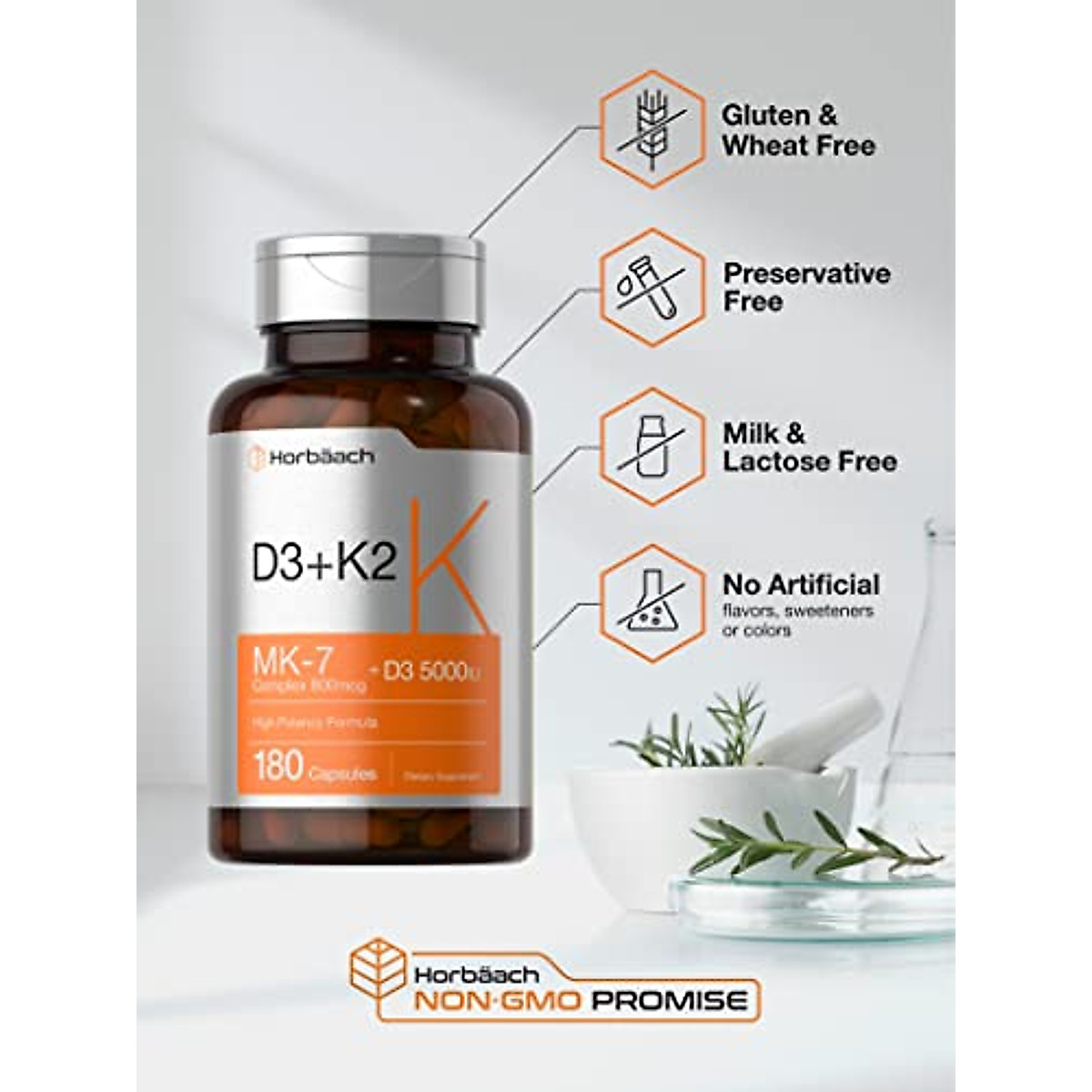 Vitamin K2 MK7 with D3 | 180 Capsules | 800 mcg Complex Plus MK4 | 5000 IU of D3 | Non-GMO, Gluten Free | Vitamin Supplement by Horbaach