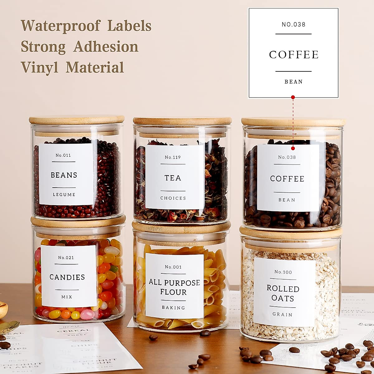 20 OZ Glass Food Storage Jars with 132 Pantry Labels Preprinted - 6 Pcs Thicken Glass Storage Containers with Airtight Bamboo Lid - Clear Kitchen Canister for Spice, Tea, Coffee, Sugar, Cookie, Candy
