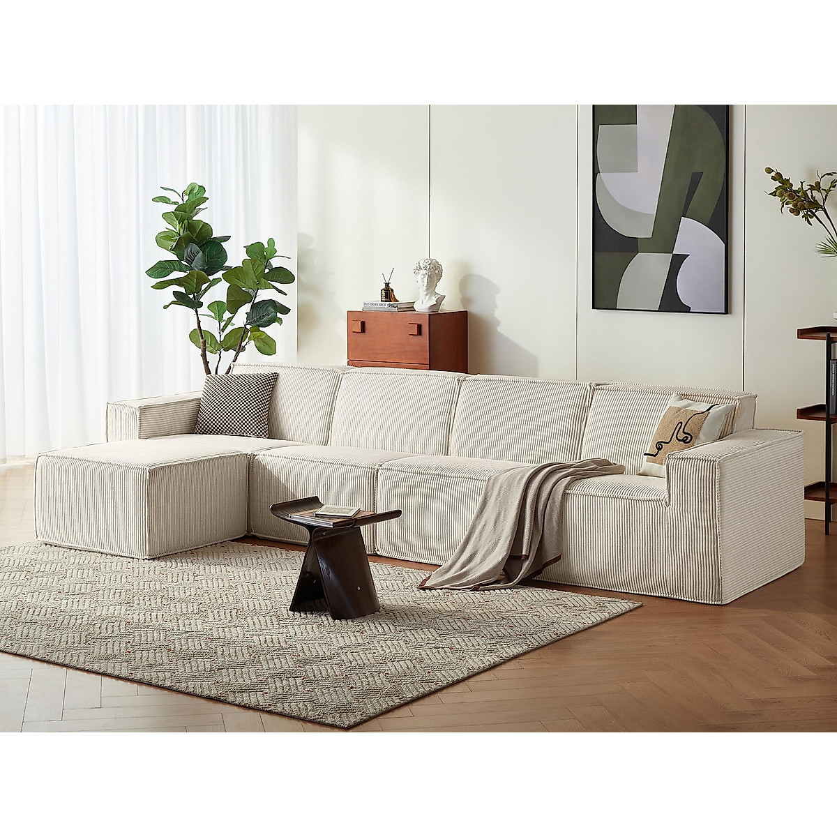 LINSY HOME Oversized Deep Modular Sectional Sofa, Cloud Couch L Shaped 4-Seat Sofa with Ottoman, Corduroy Sectional Couches for Living Room, No Assembly Required, Beige