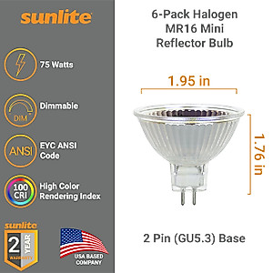 6 Pack Sunlite 75 Watt, 38 Flood, MR16 Mini Reflector, GU5.3 Bi-Pin Base