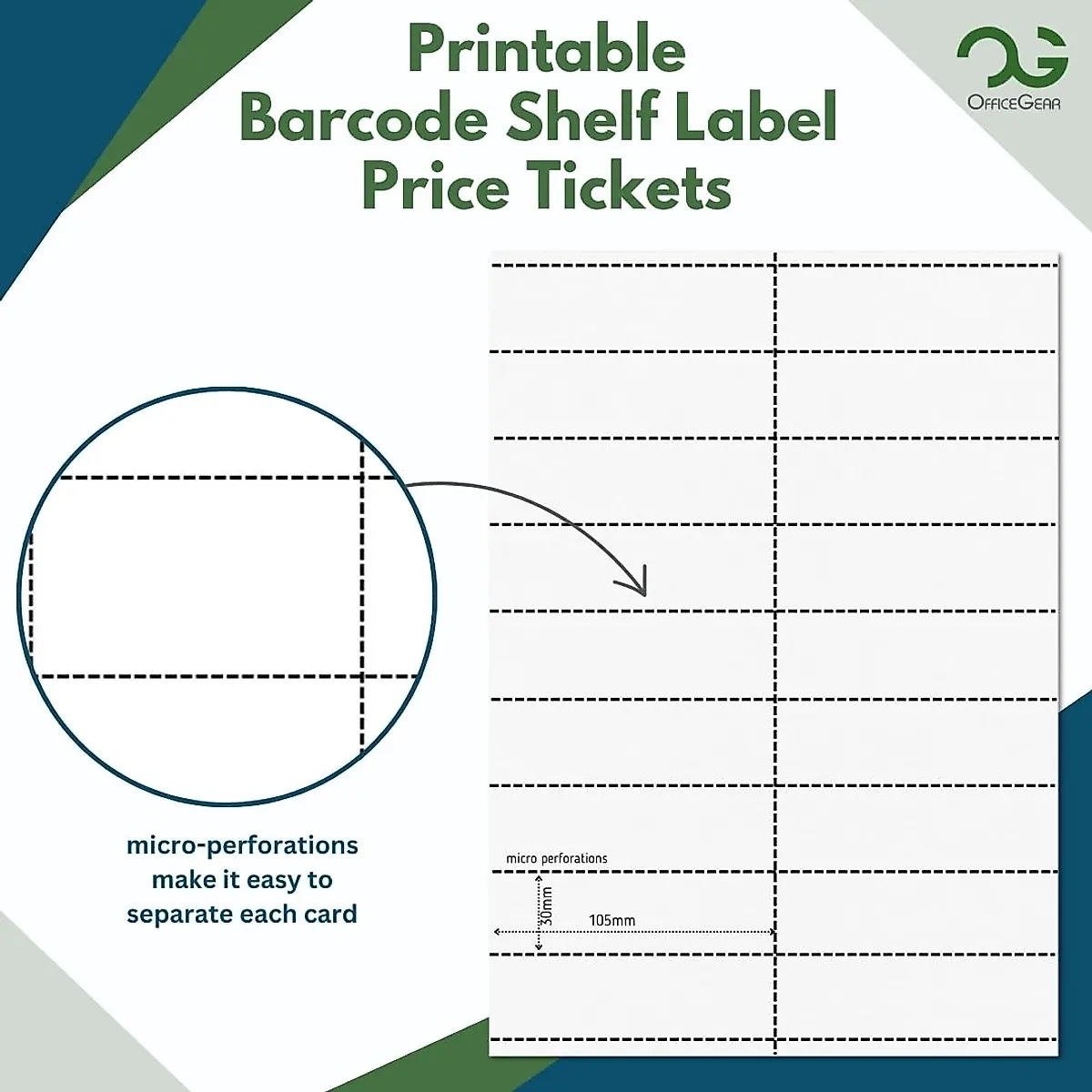 OfficeGear Shelf Edge Barcode Price Ticket Labels 18-up [25 Sheets - 450 Pack] 30x105mm Custom Printable A4 Card Micro Perforated Non-Adhesive Merchandise Tag with Free Downloadable Design Template