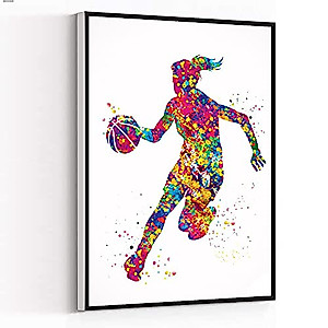 CANVAS WALL ART FOR BEDROOM HOME,Modern Canvas,Basketball Player Girl Watercolor Print Female Woman Mom Basketball Player Gift Sport Wall Art Sports Basketball Decor Wall Hanging,8''x12'' Framed
