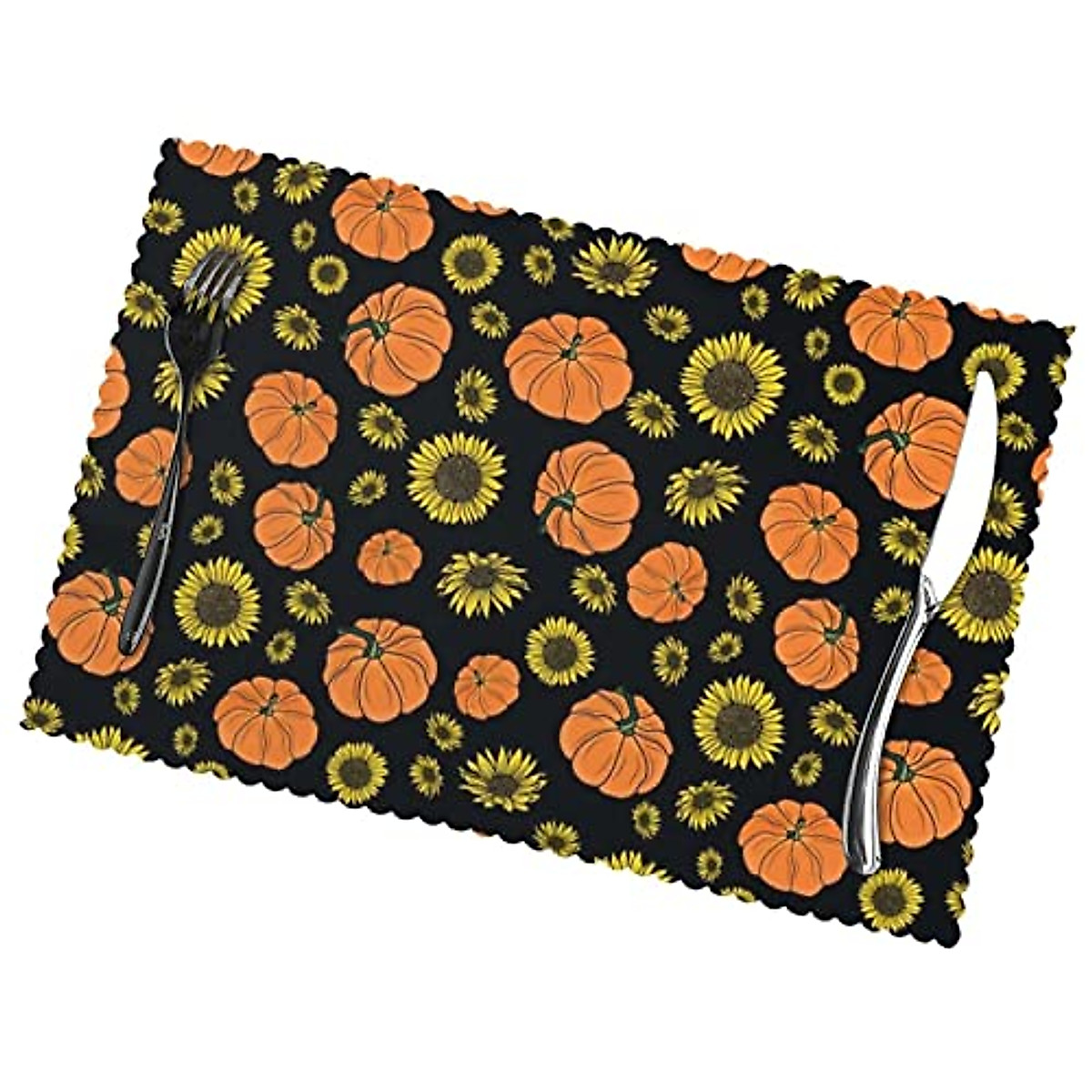 Thanksgiving Pumpkins Sunflower Leaf Placemats Set of 6,Table Mats Heat-Resistant Washable Non-Slip Place Mats for Family Dining Kitchen Home Wedding Holiday Party Decorations 12 X 18 Inch